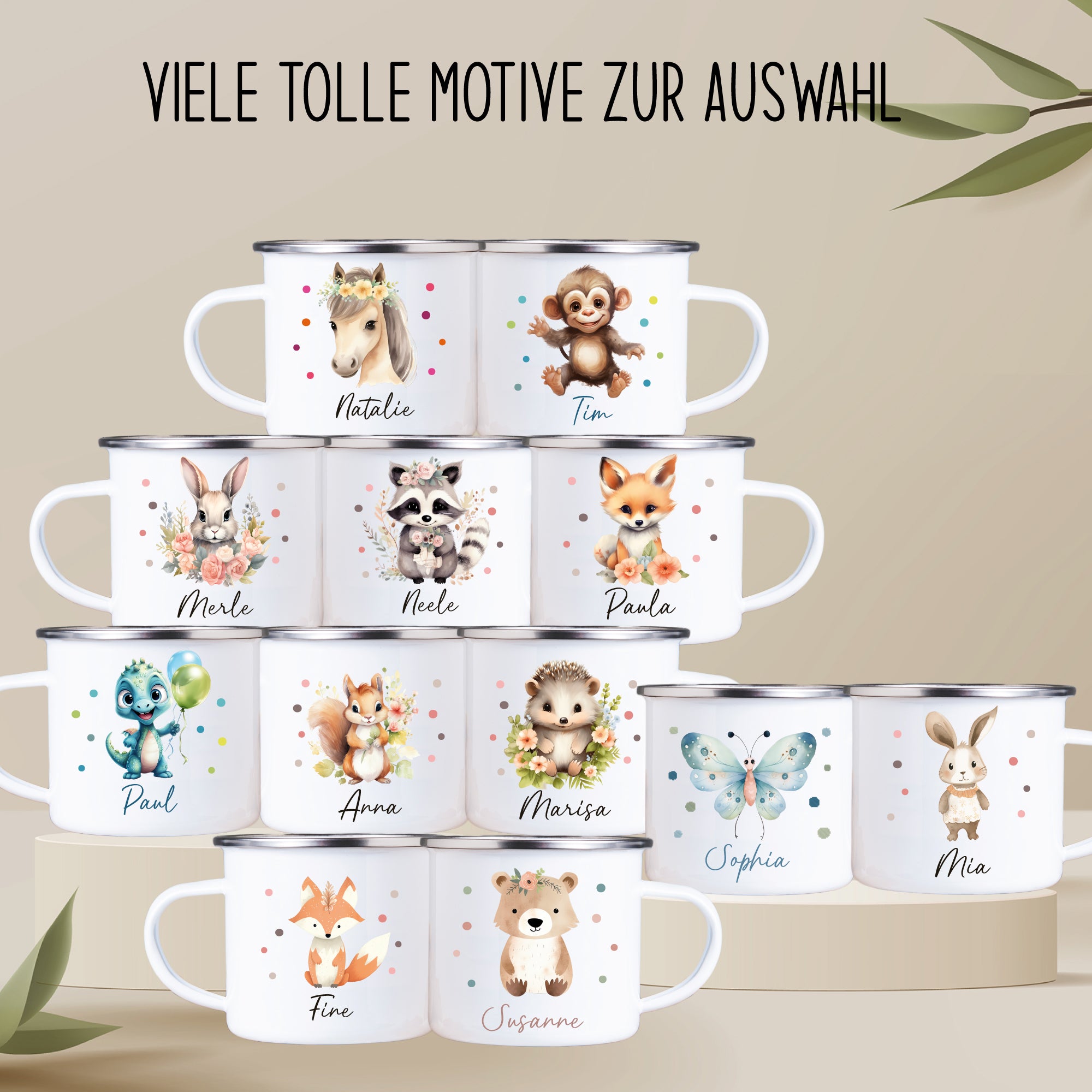 Emailletasse "Tiere" mit Punkten + Wunschname